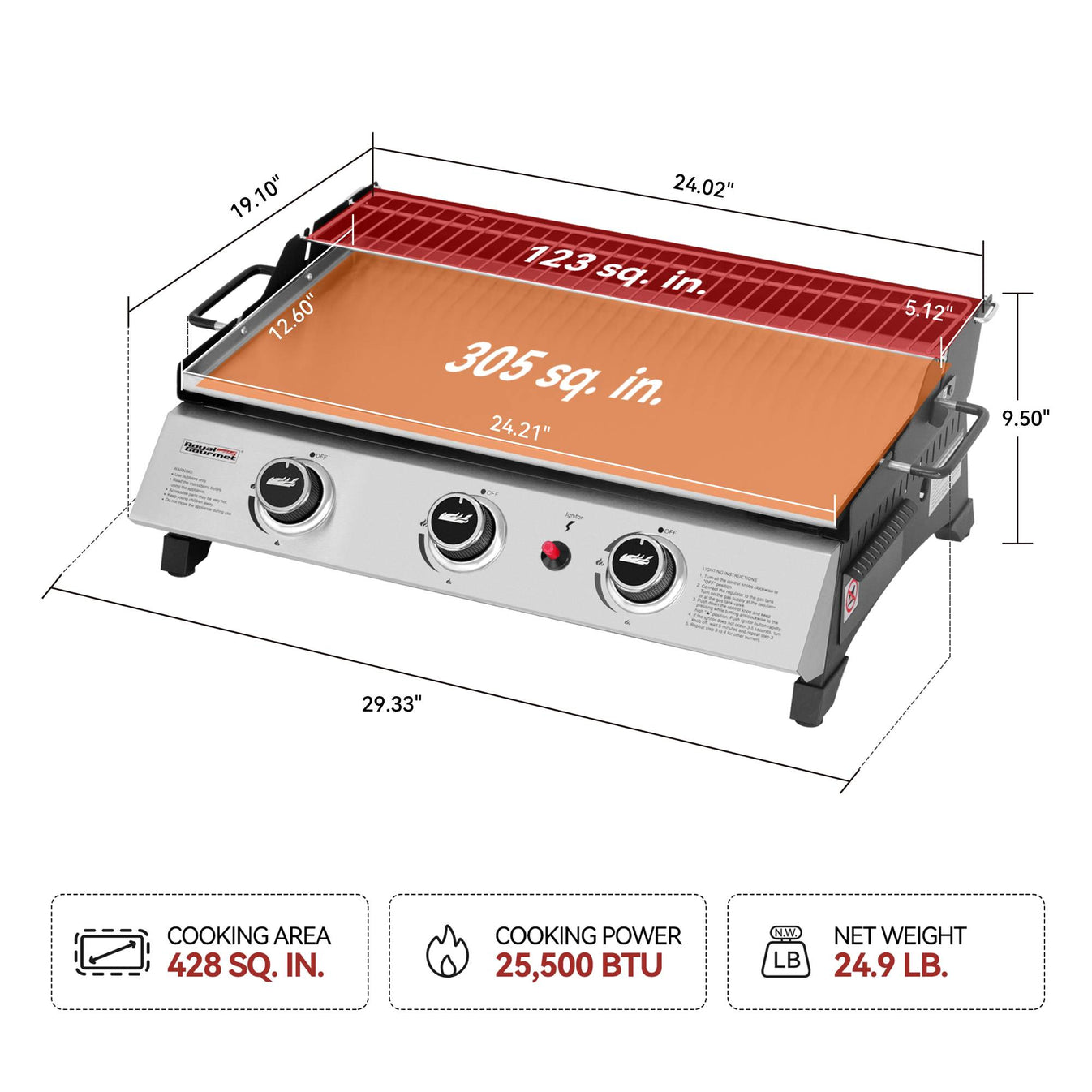 24-Inch 3-Burner Portable Gas Griddle | Royal Gourmet